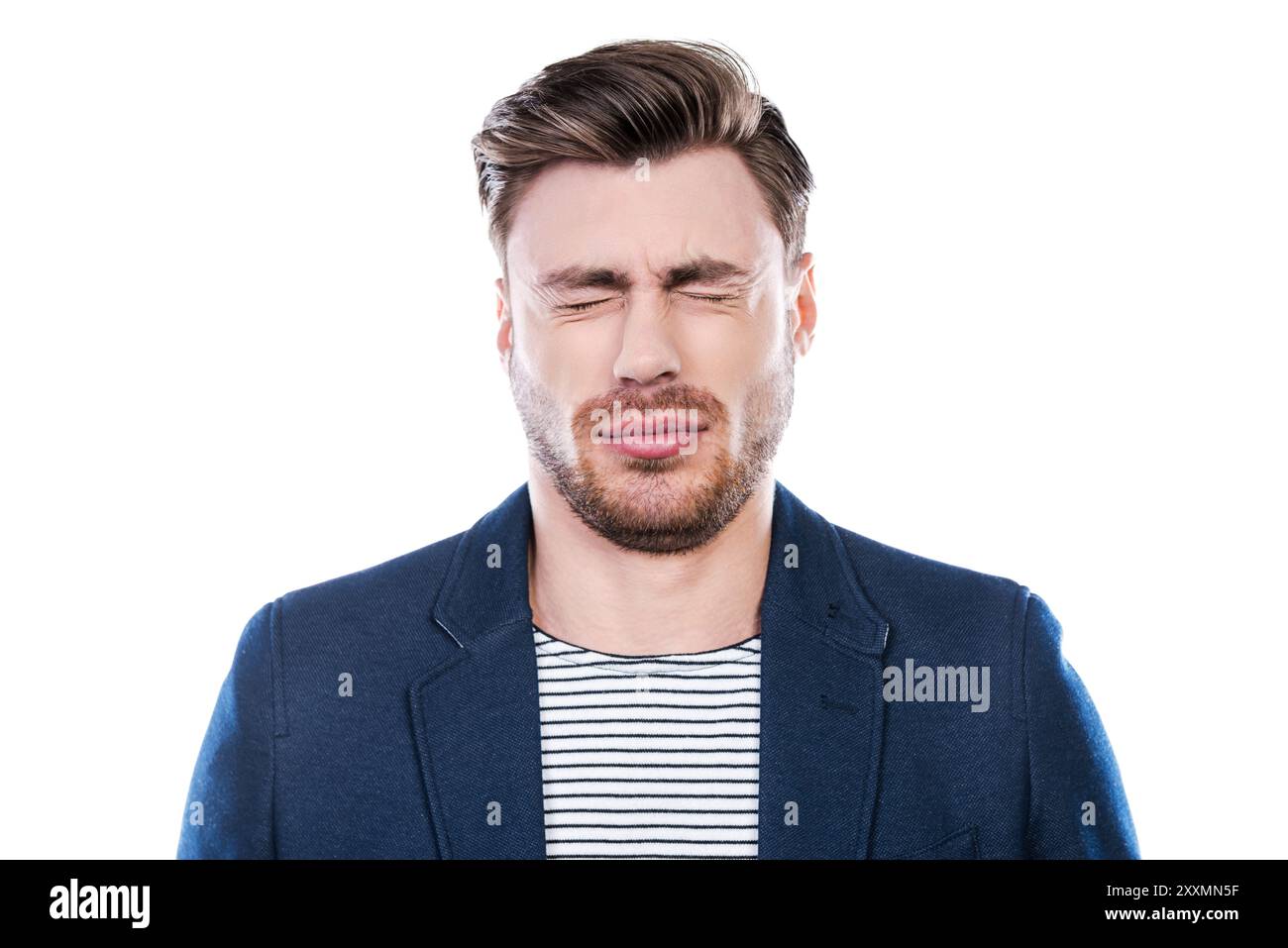 Oh no! Portrait of young man expressing negativity and keeping eyes ...