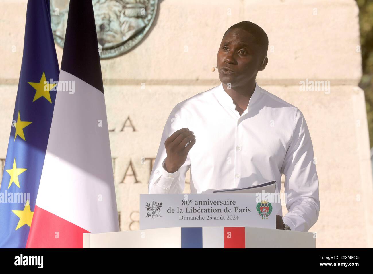 French actor Birane Ba speaks during a ceremony commemorating the 80th ...