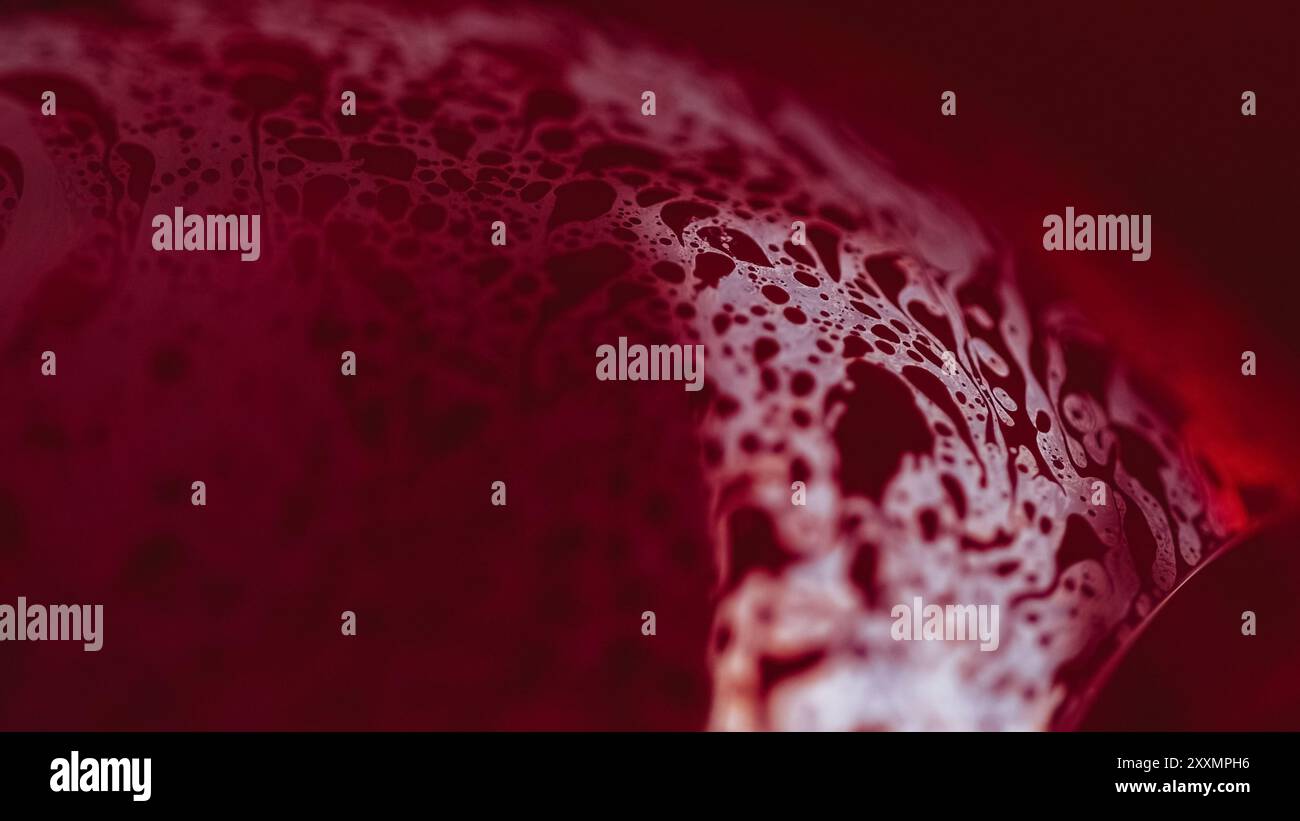 Acid foam. Chemical fluid. Defocused red color bubbles texture emulsion ...