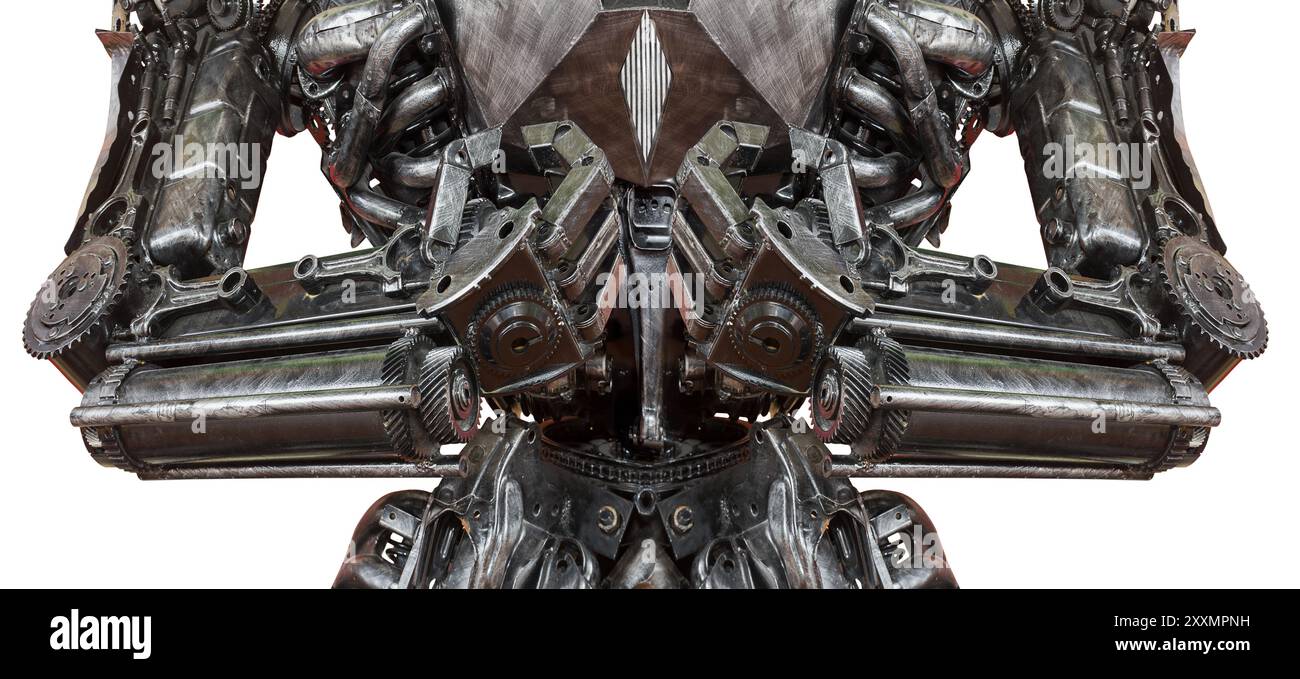 Closeup War machine sculpture made from scrap metal isolated on white ...