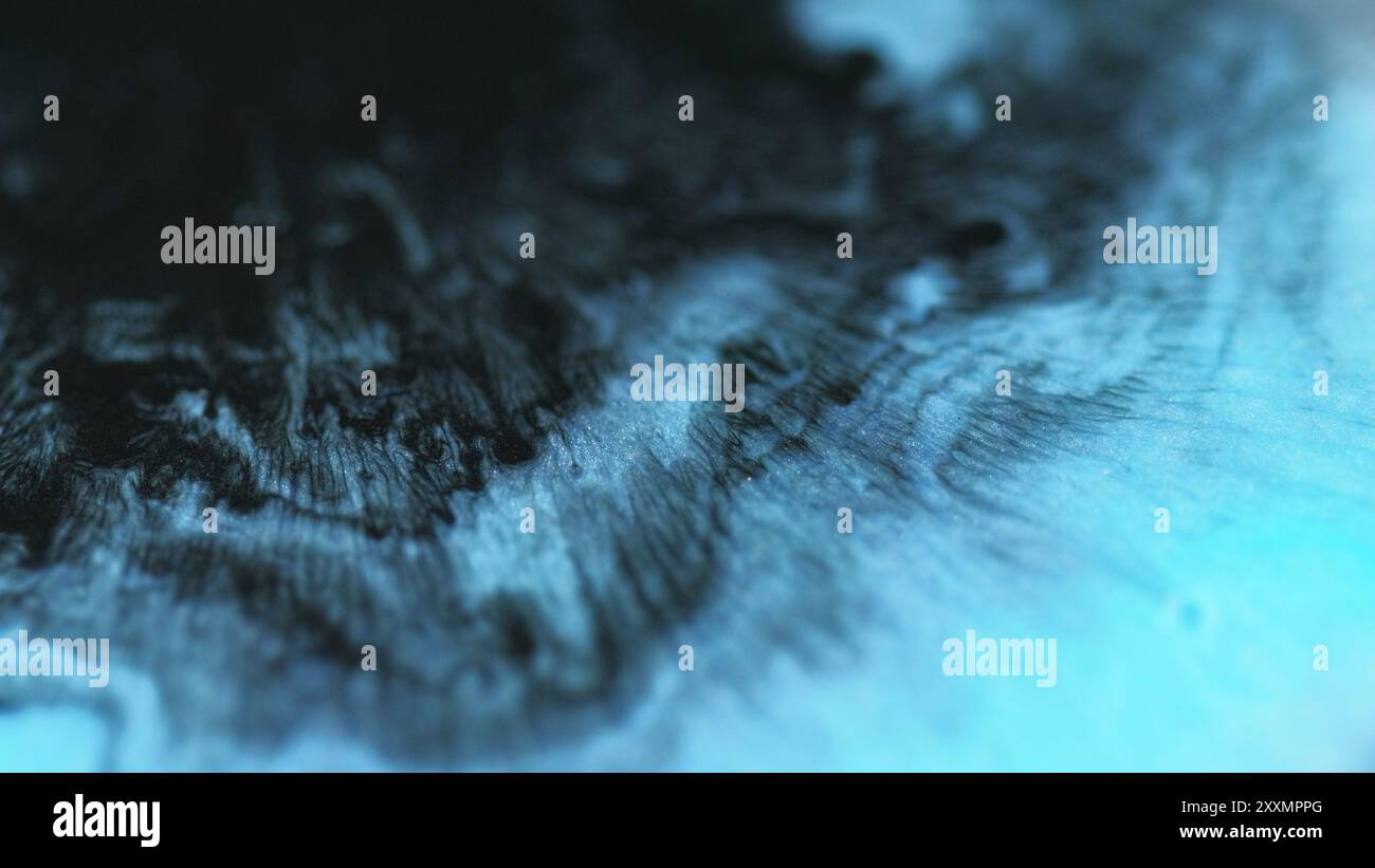 Liquid paint. Sparkling emulsion flow. Cyan black texture blend fluid ...