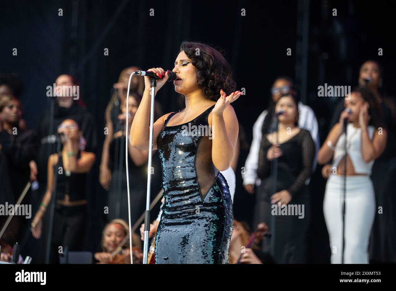 Leeds, England, 25th August, 2024. RAYE playing the Main Stage at Leeds ...