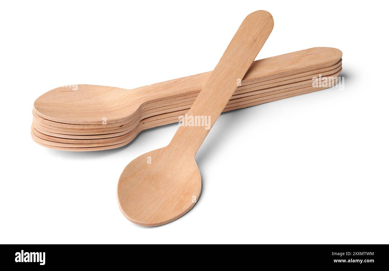 disposable wooden spoons isolated white background, eco-friendly ...
