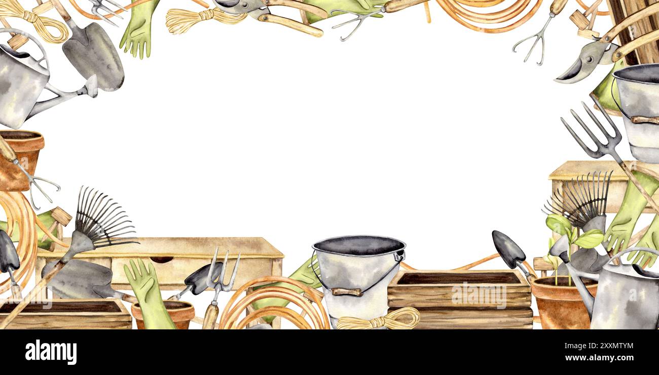 Horizontal frame with gardening tools Stock Photo - Alamy