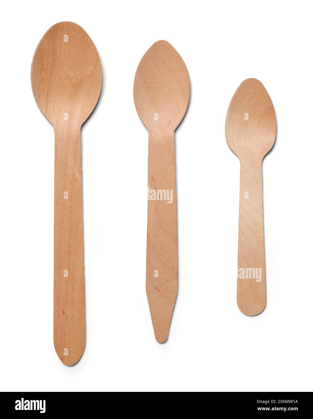 different sizes of disposable wooden spoons isolated white background ...