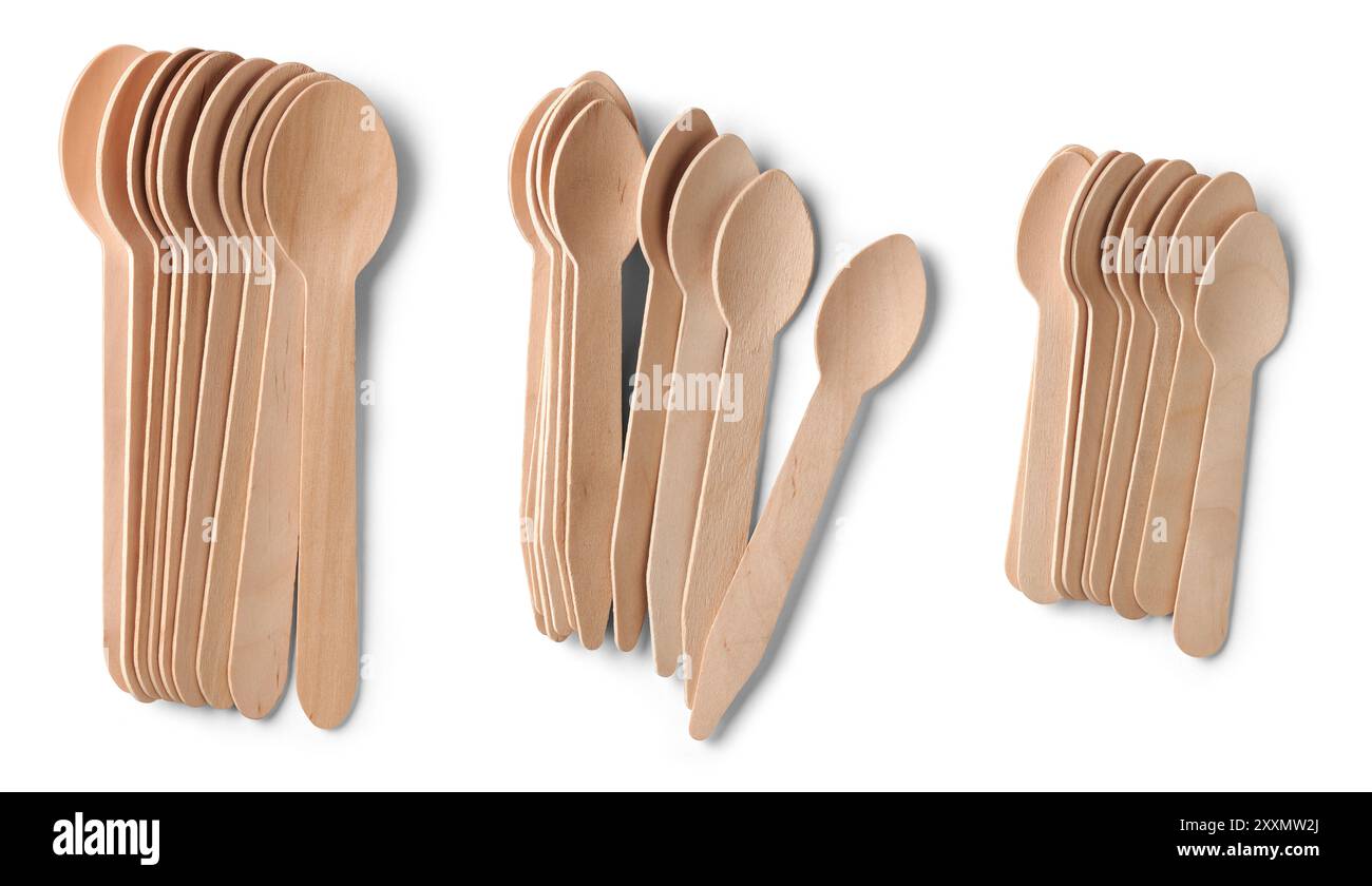bunch of disposable wooden spoons isolated white background, eco ...