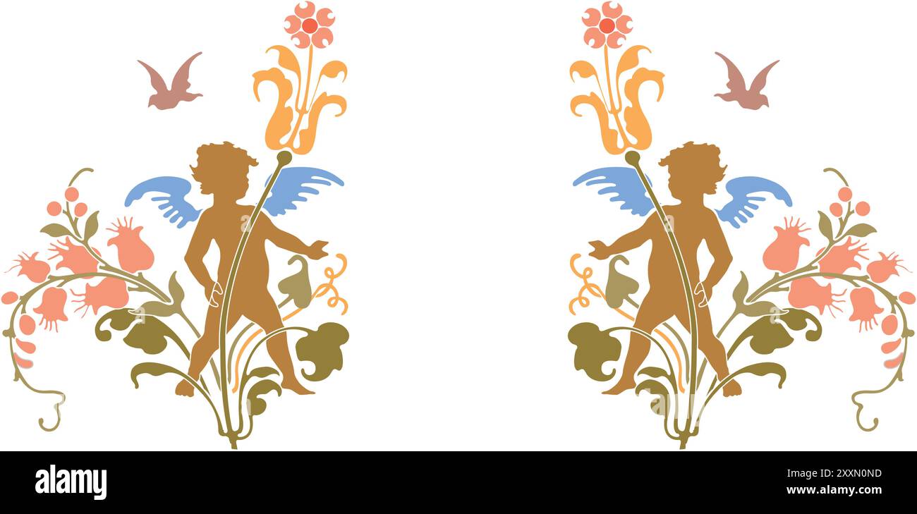 Cupid with bow and arrow, outline drawing of black color isolated on ...