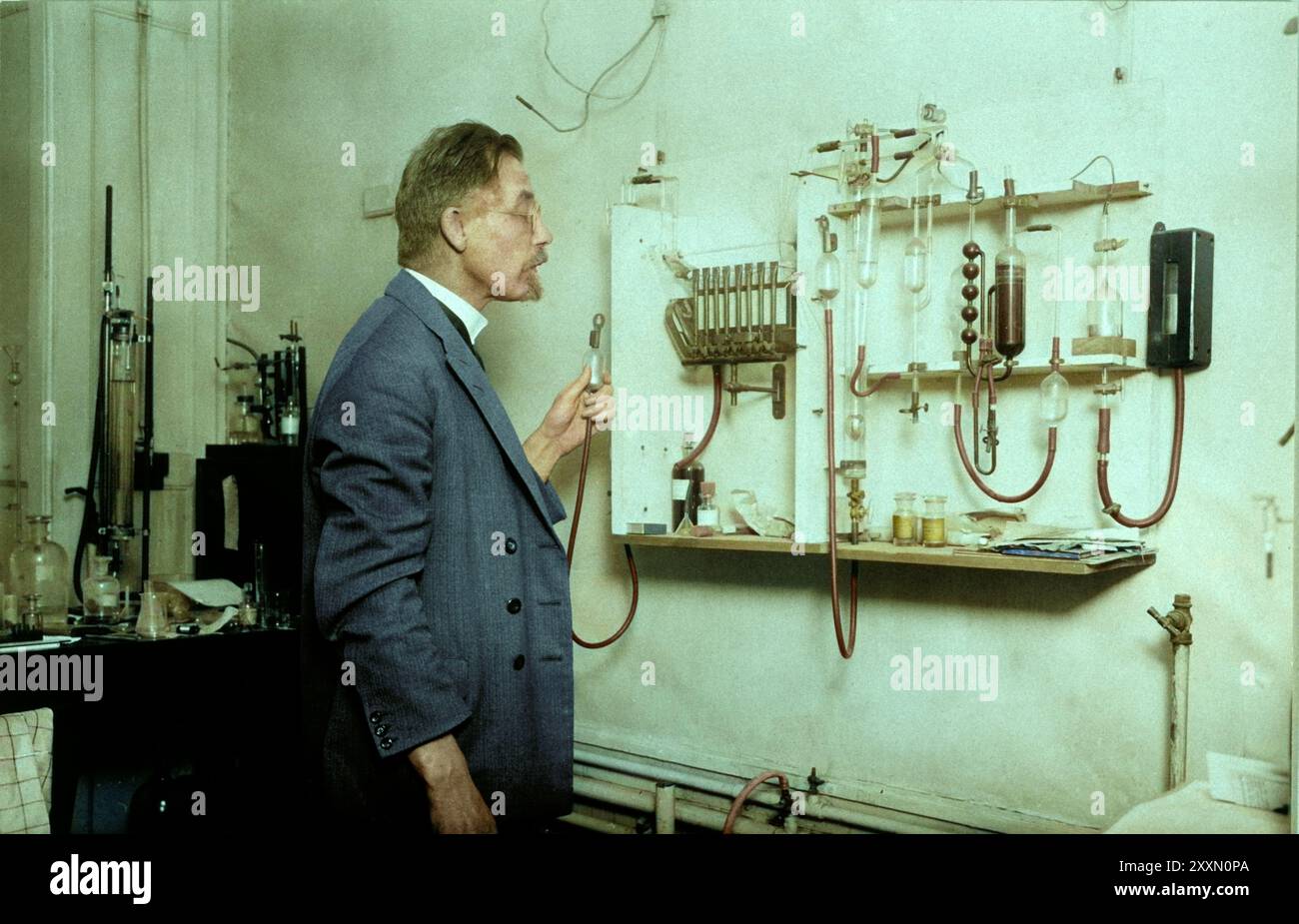 A portrait of August Krogh in a laboratory. Circa 1926. About 52 years ...
