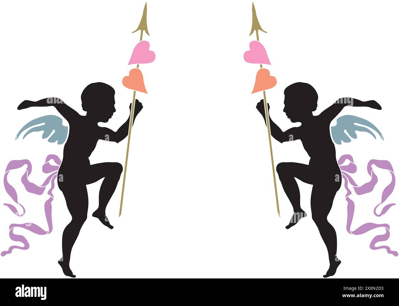 Cupid with bow and arrow, outline drawing of black color isolated on ...