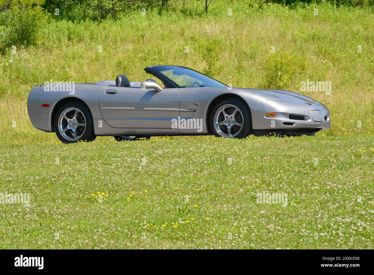 A light pewter 2000 Corvette convertible with its top down is parked ...