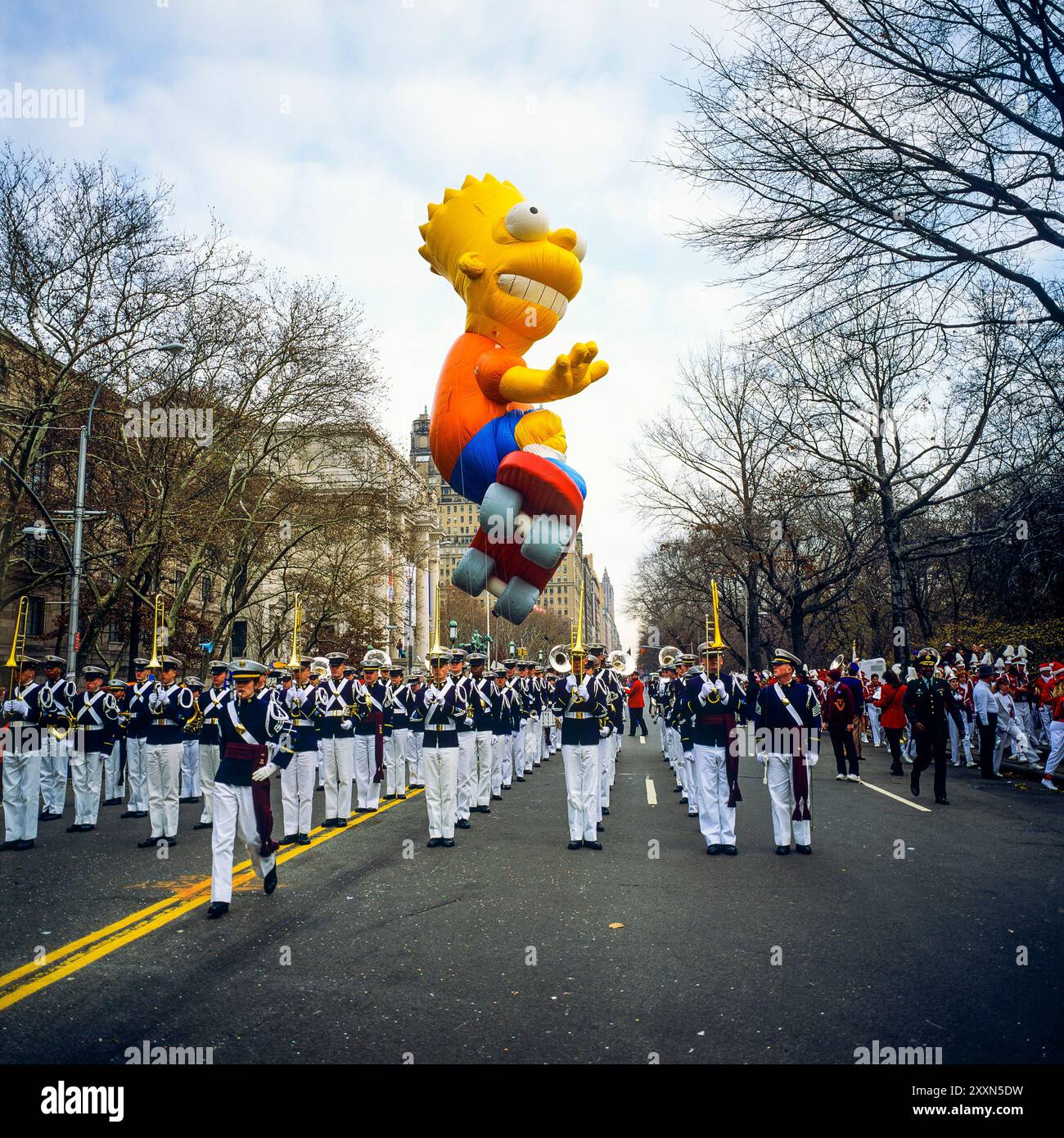 New York, November 28th 1991, Bart Simpson balloon, marching band, Macy ...