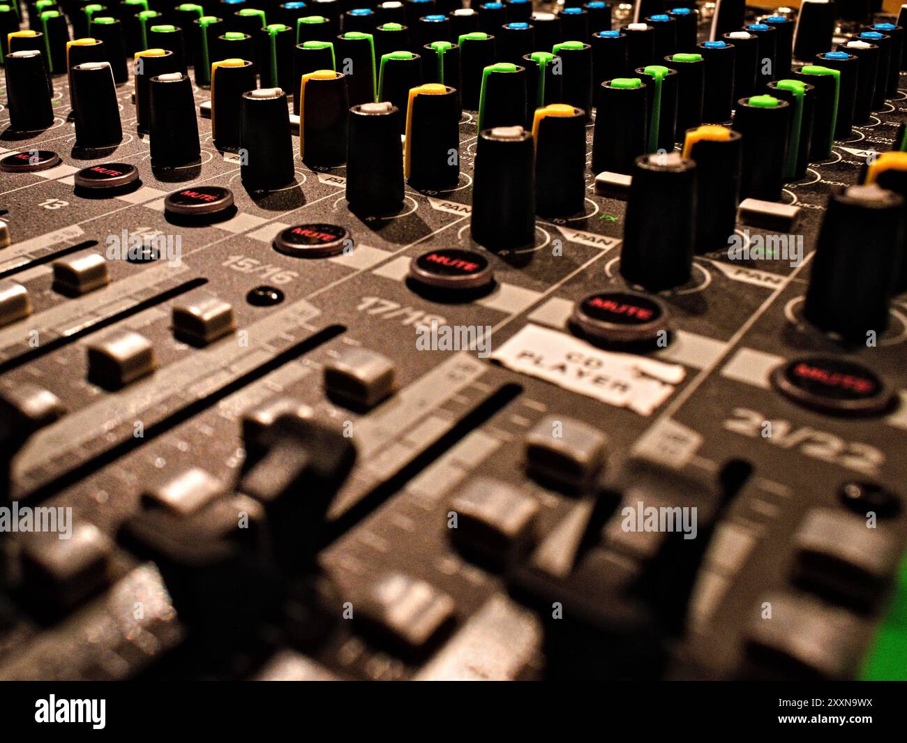 Close up photo of the knobs that are used to adjust the level and mix ...