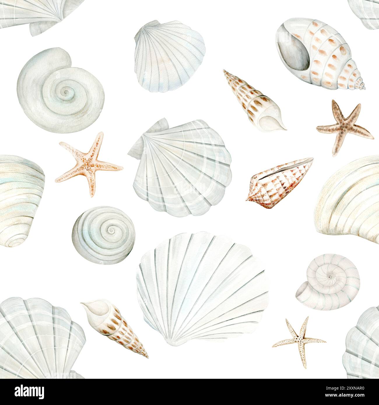 Seamless pattern of beige sea shells, stars and pebbles watercolor ...