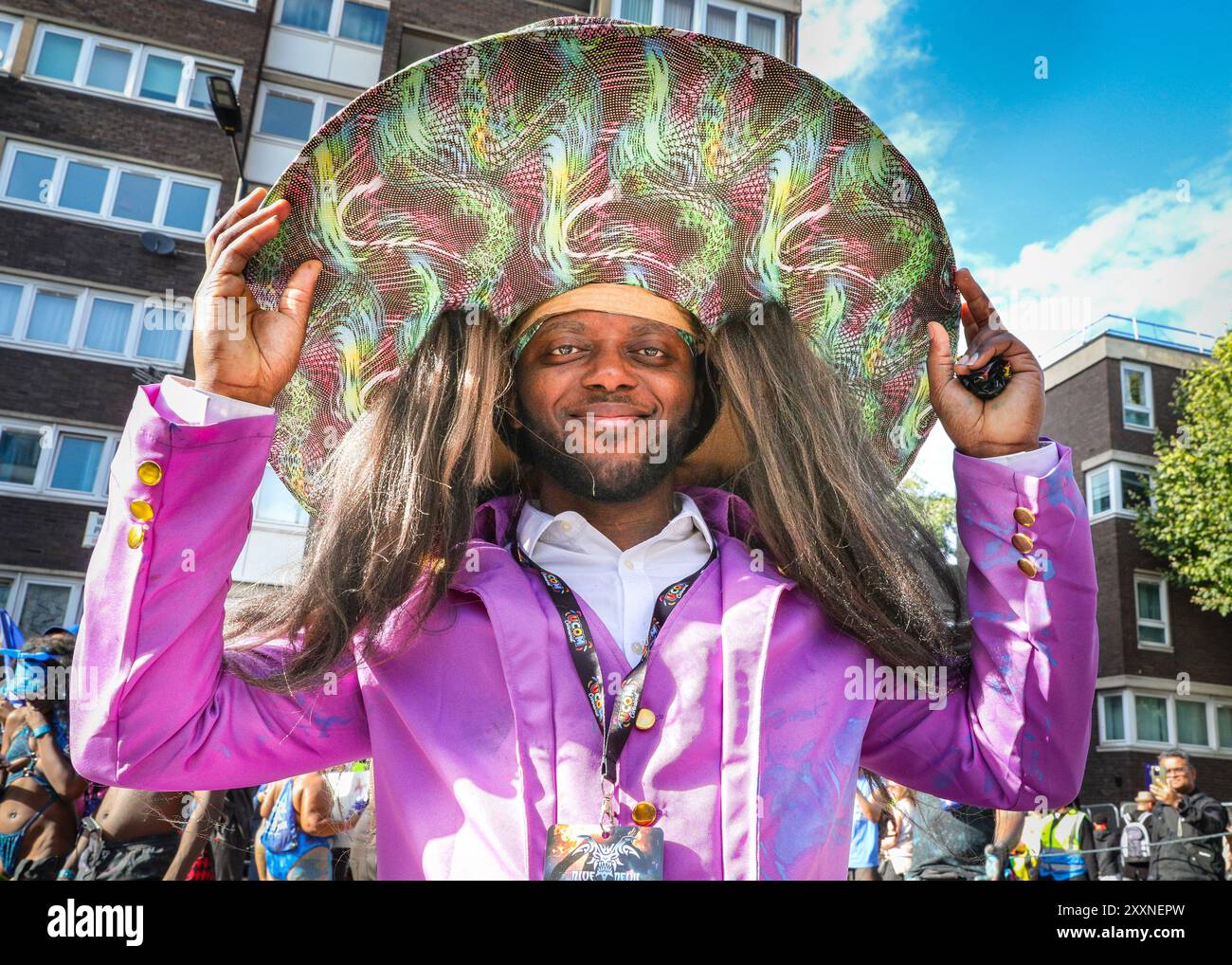 London,UK, 25th Aug 2024. Participants with the 'Blue Dutty Mas' group ...
