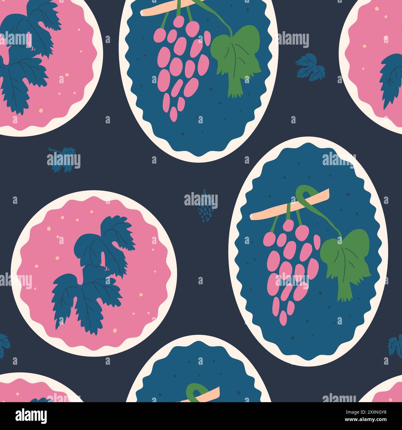 Bunch of grapes and leaves round emblem seamless pattern. Circular ...