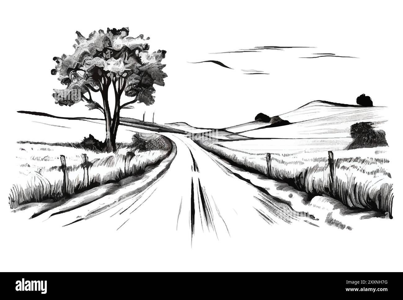 Road through a Farm. Rural landscape. Road through a farm sketch style ...