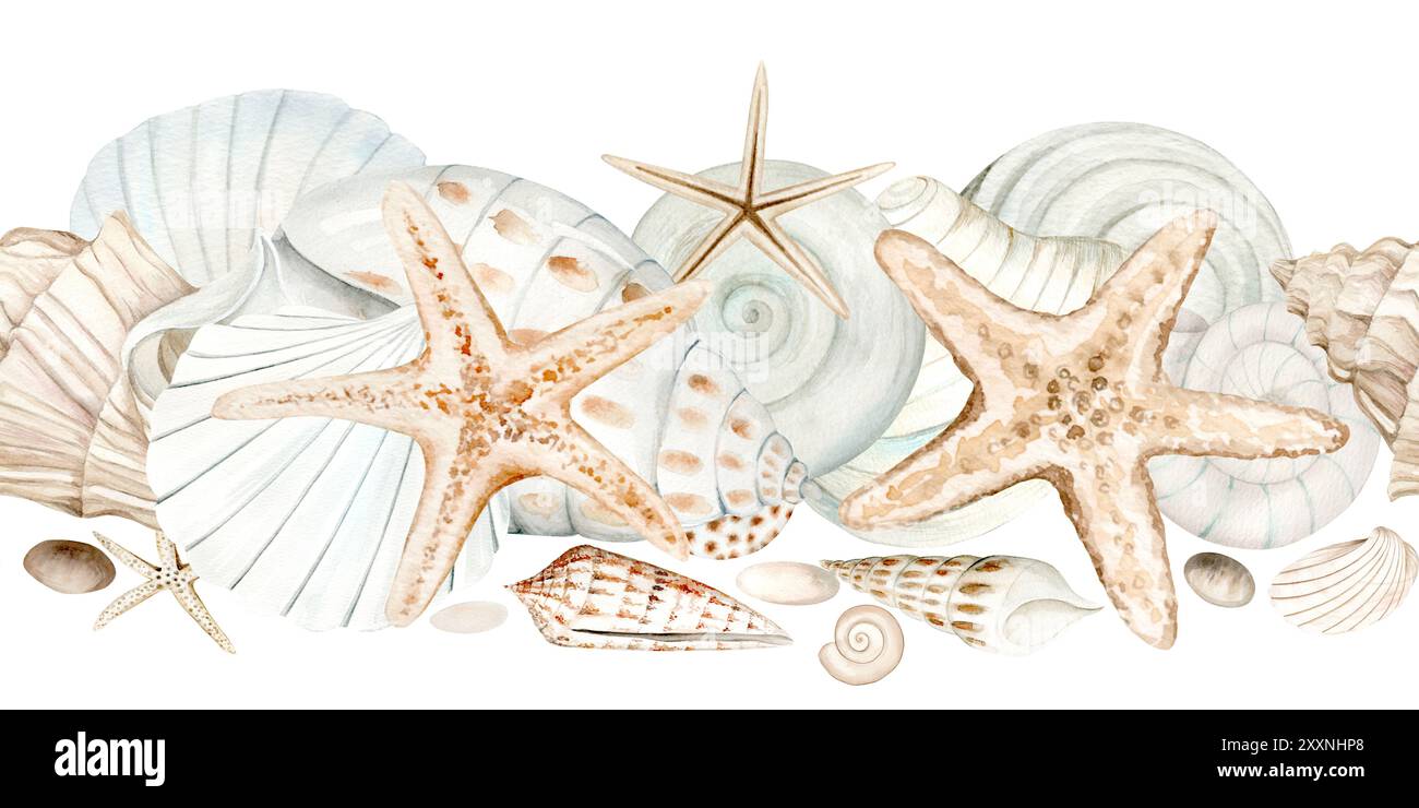 Seamless border of beige sea shells, zed and pebbles watercolor ...