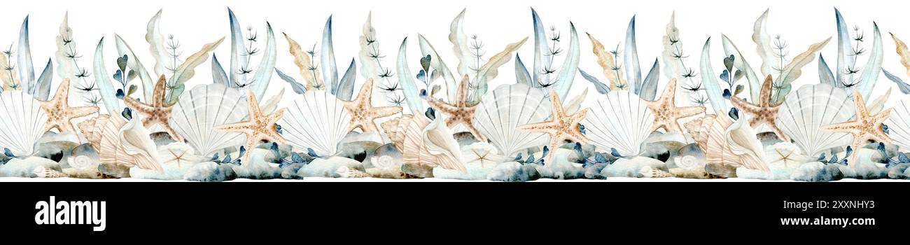 Seamless border of beige sea shells, seaweed, starfish and pebbles ...