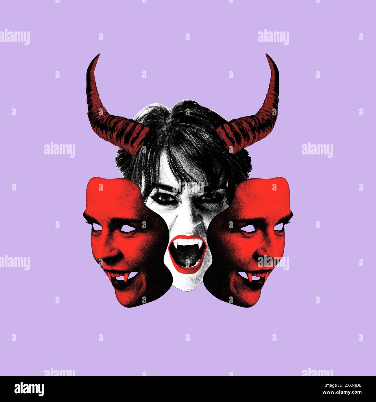 Terrifying female figure with demonic horns and fangs, with red vampire ...