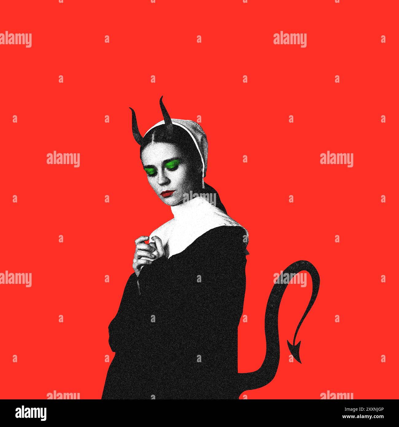 Provocative vibe. Woman in image of nun with demonic horns and tail ...