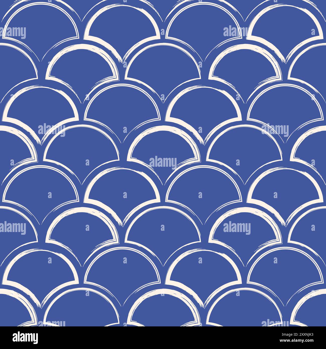 Blue brush lines scallop seamless pattern. Stroke arch repeat background. Painting continuous ...