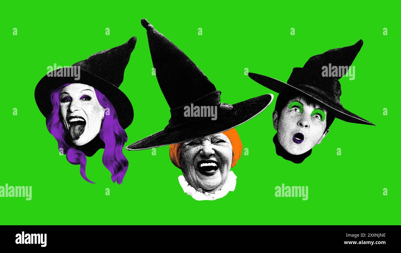 Three witches with creepy emotional faces, set against bright green ...