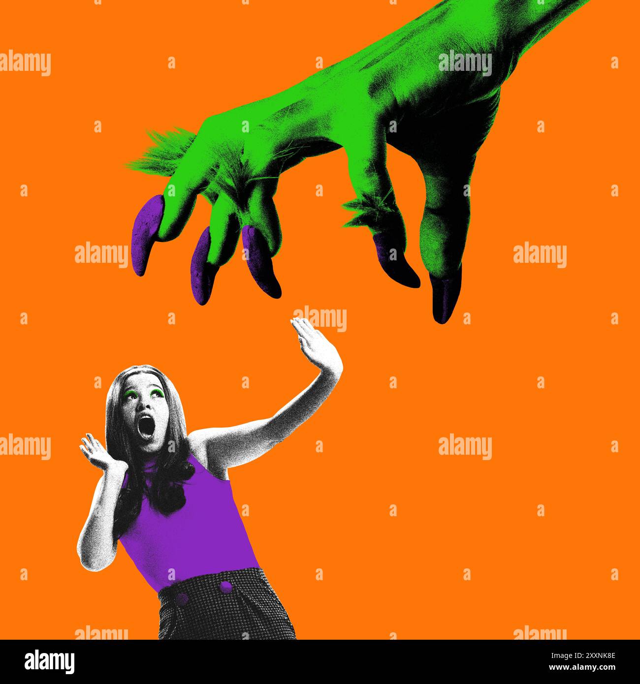 Terrified woman screaming as giant green monster hand with purple claws ...
