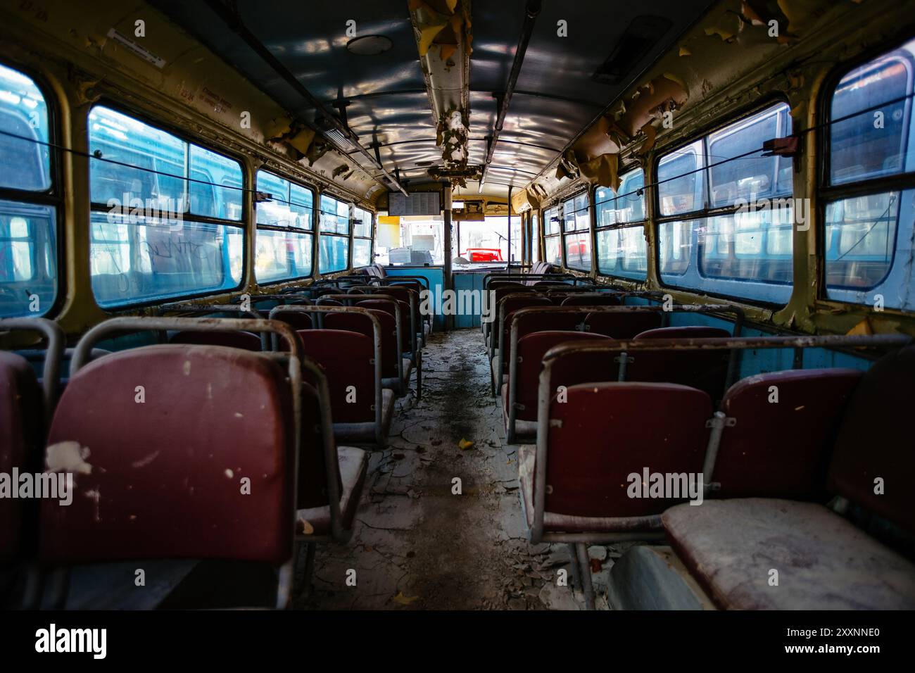 Inside old abandoned rusty wrecked bus or trolleybus Stock Photo - Alamy