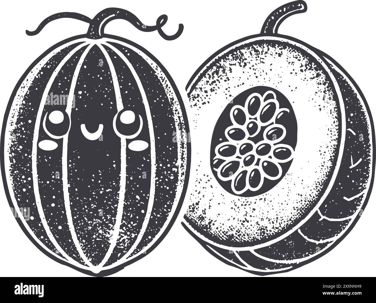 Grunge-Style Melon Smiling Fruit Character with Texture, Rough Hand ...