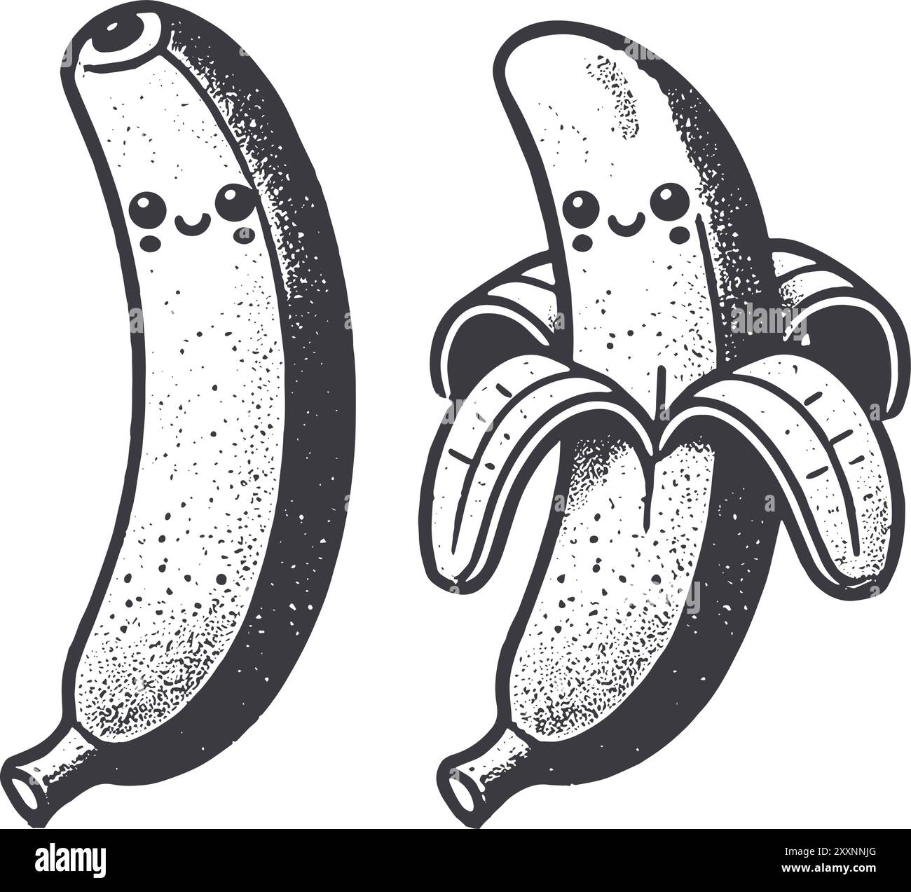 Grunge-Style Banana Smiling Fruit Character with Texture, Rough Hand ...