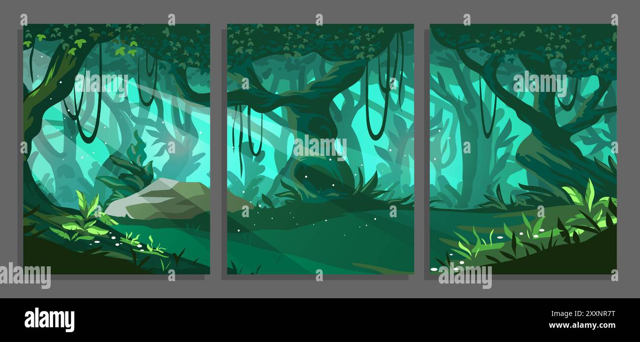 Jungle landscape. Wild forest. Tree trunks and lianas. Tropical nature ...