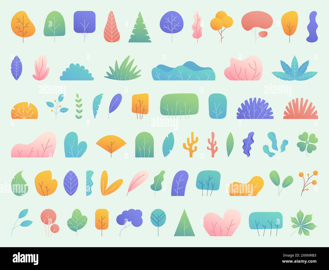 Flat plants. Tree leaf, bush and simple leaves gradient colors, minimal ...