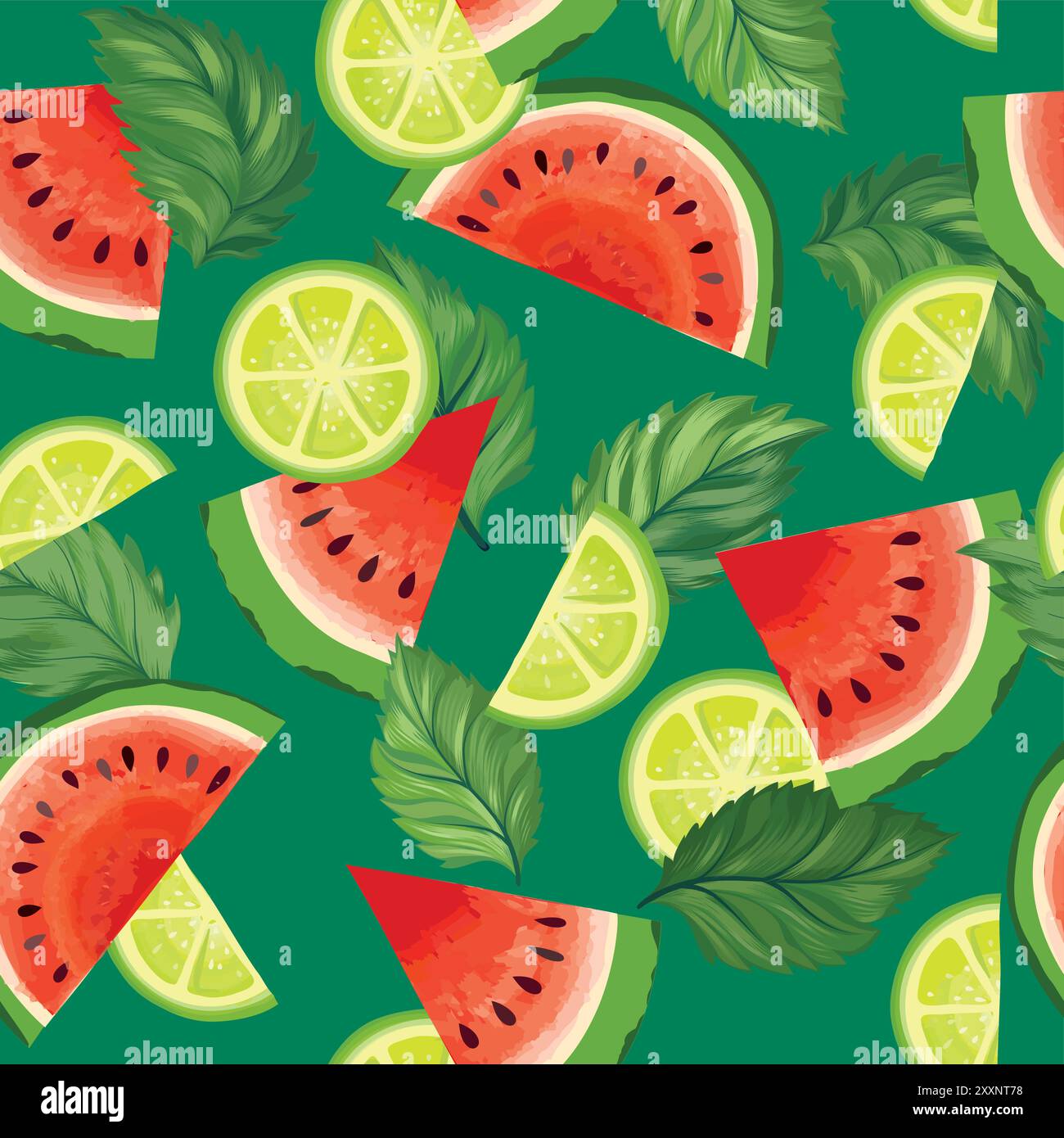 Fruits summer seamless pattern. Fresh watermelon, lime, mint sliced ...