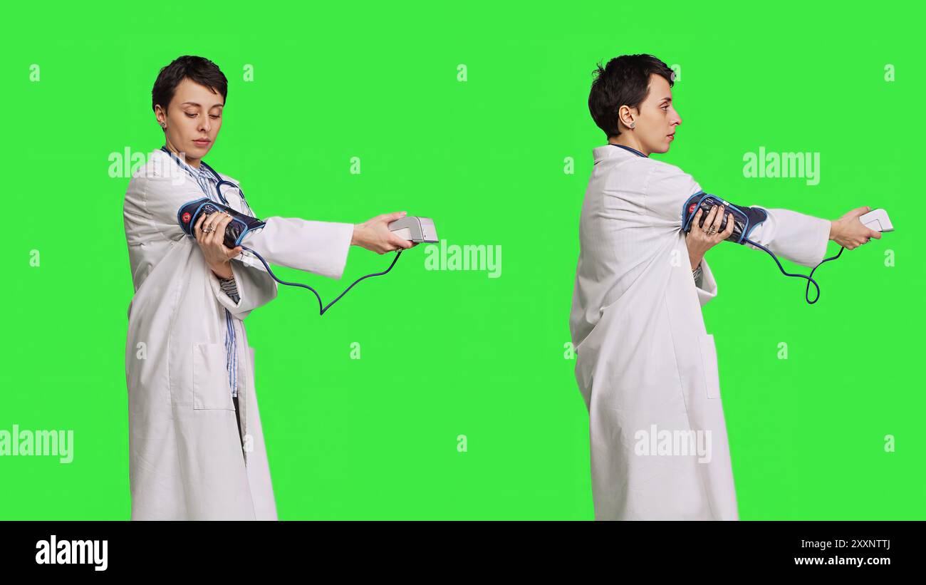 Healthcare specialist using a tonometer to measure high blood pressure ...