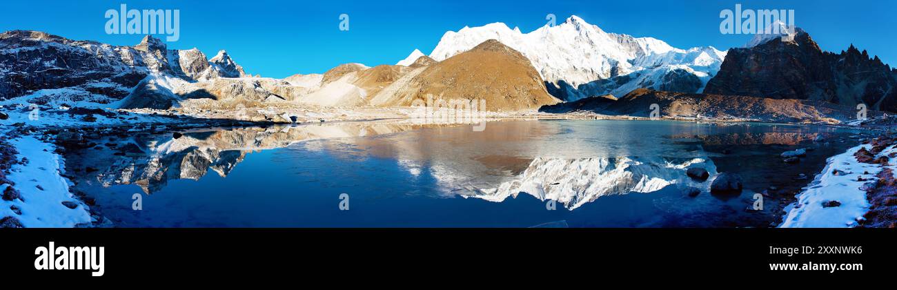 Mount Cho Oyu mirroring in lake, morning view of Mt Cho Oyu base camp ...