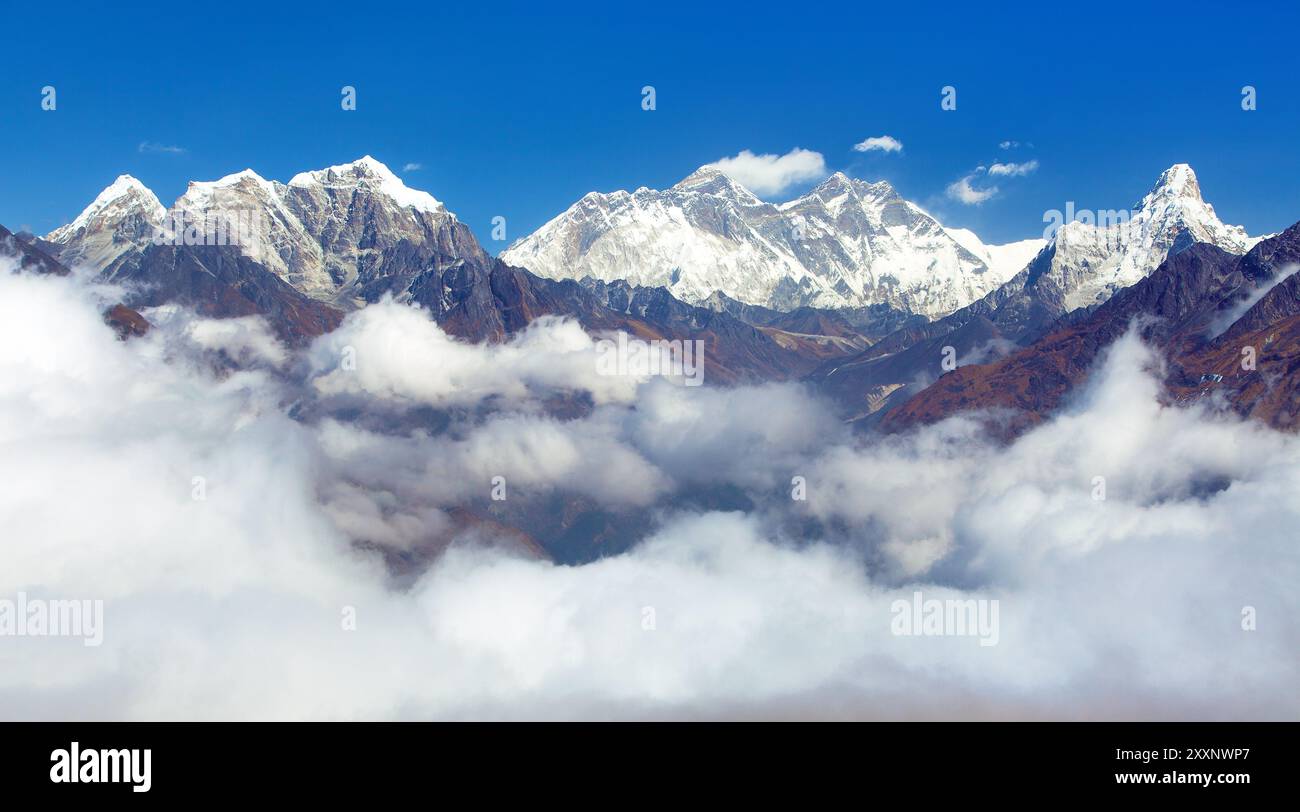 Panoramic view of Mount Everest, Mt Lhotse and Ama Dablam peak from ...