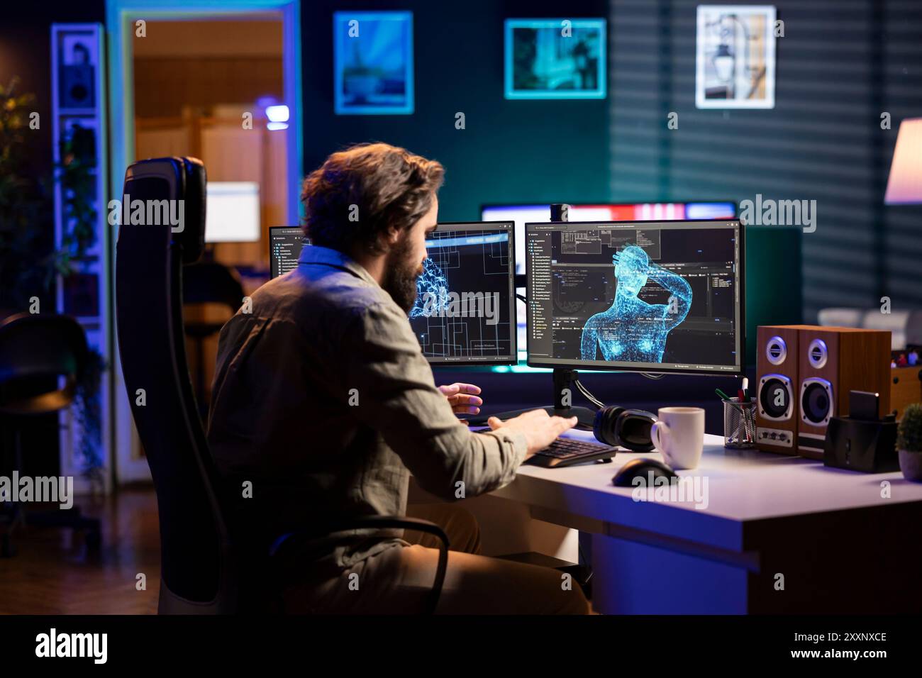 Remote software developing worker saluting artificial intelligence ...