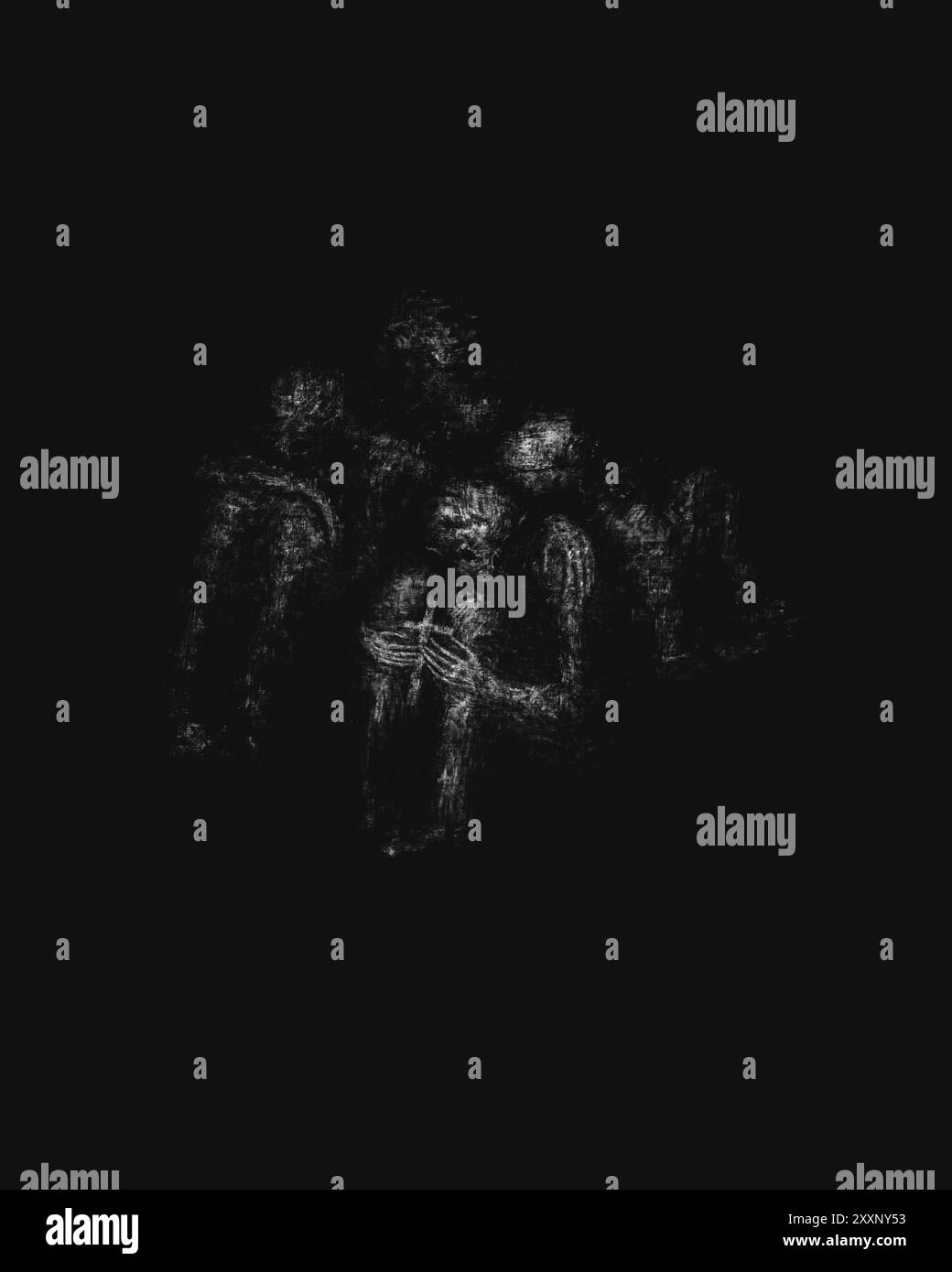 Four fearful creatures with a cross in their hands, Praying in total ...