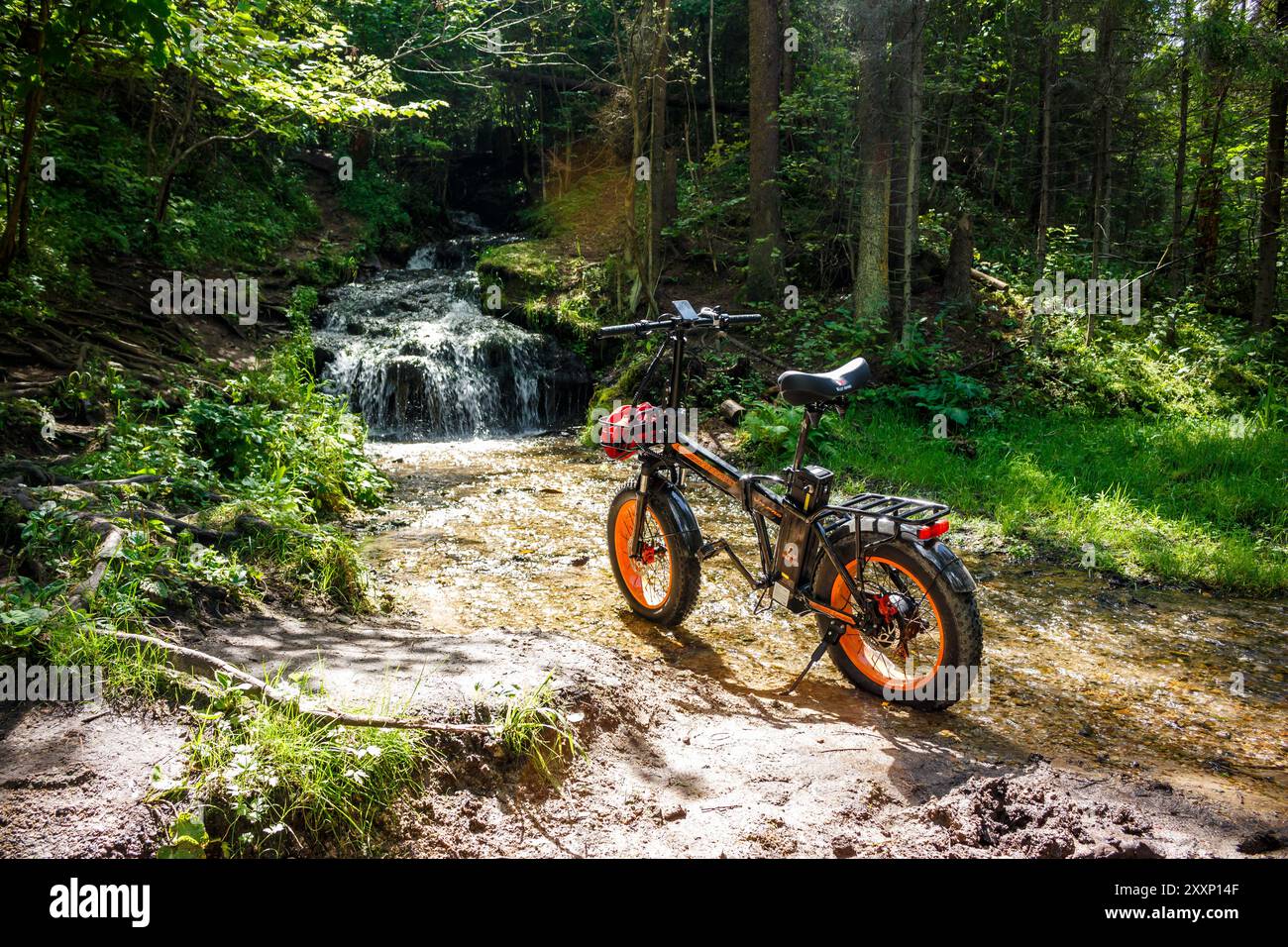 Electric bike ride in nature. Kugoo V4 Pro fatbike against the backdrop ...