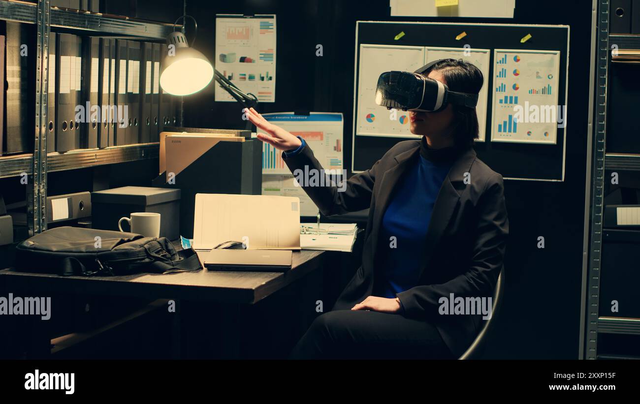 Law enforcement agent works with virtual reality glasses in incident ...