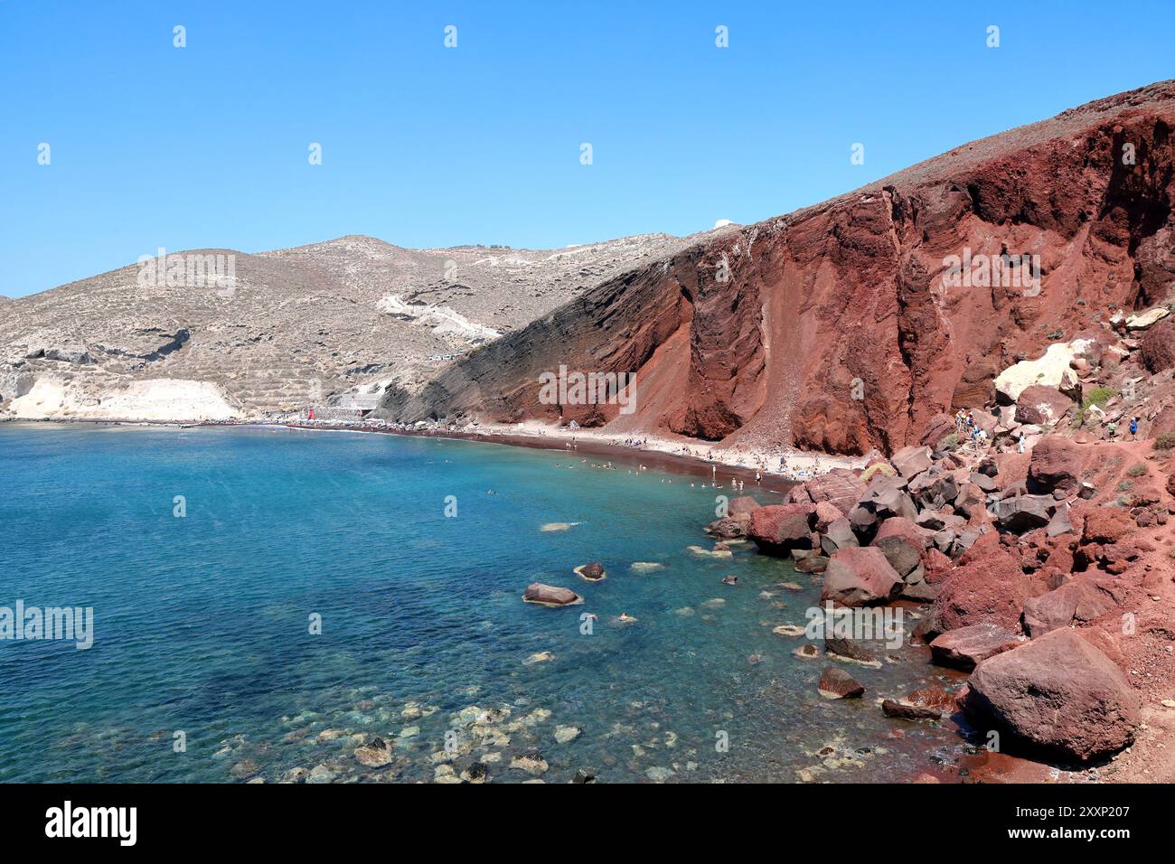 The beautiful Red Beach on the island of Santorini in the Greek ...