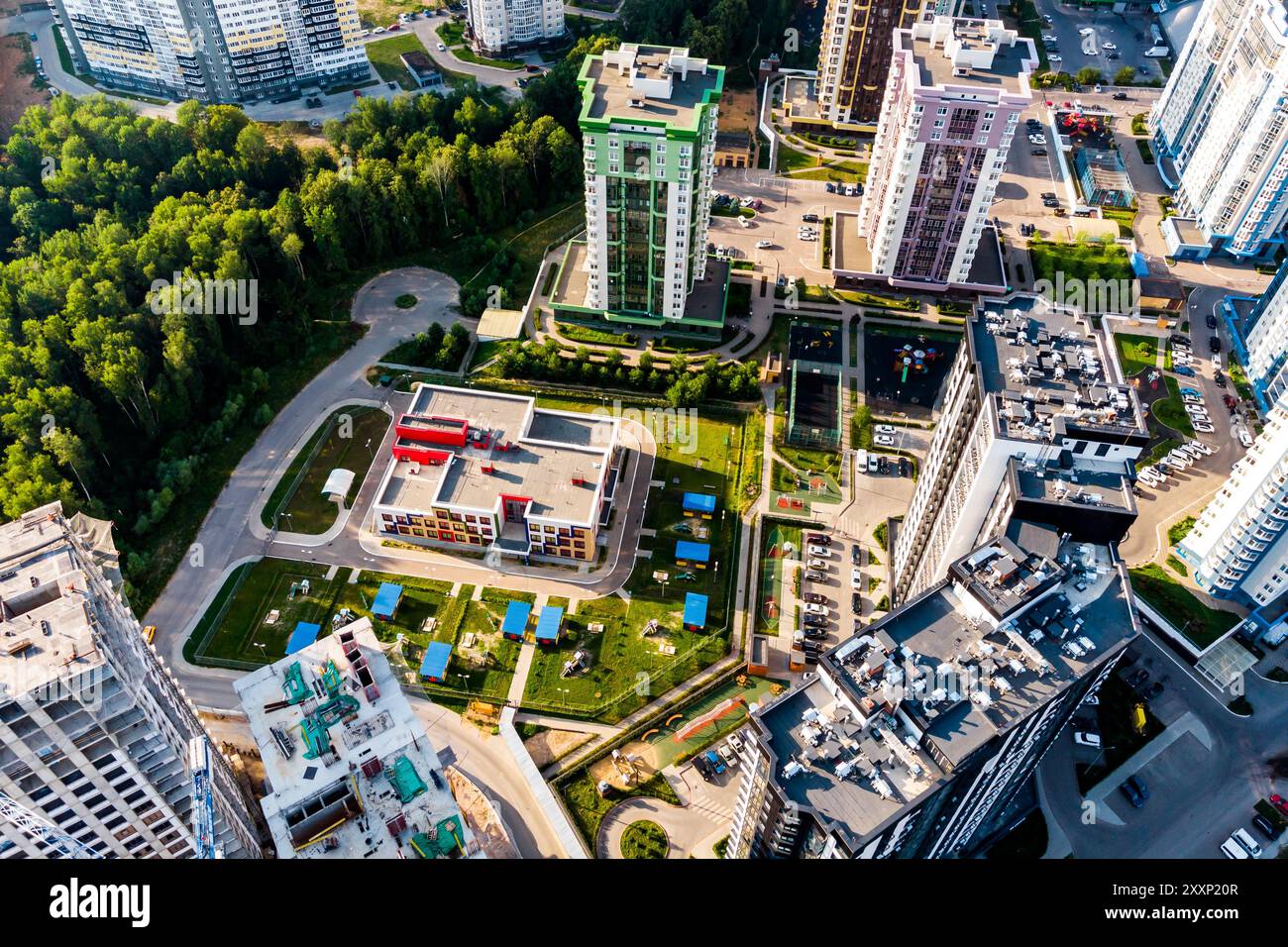 Aerial view of a modern residential area with high-rise buildings and a ...