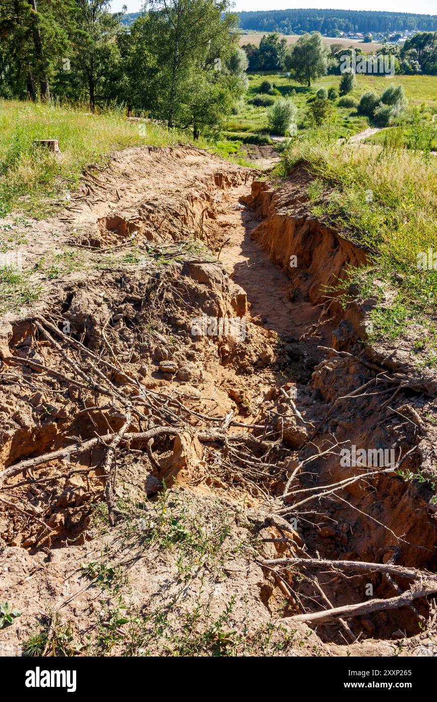Formation of a ravine on a sandy slope due to erosion by water flows ...