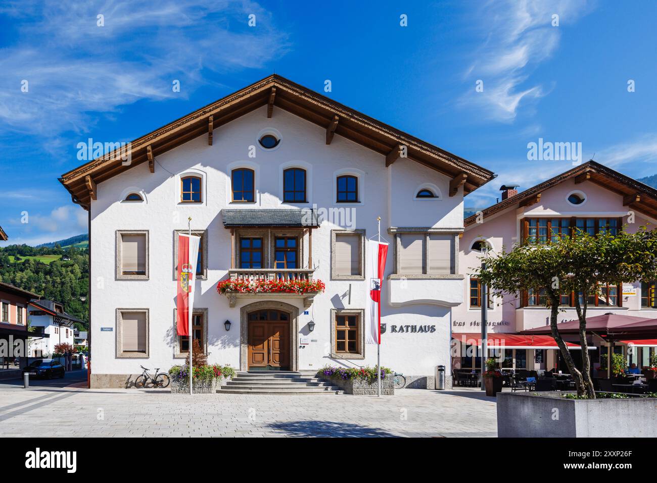 The town hall (Rathaus) in the main square in Mittersill, a village in ...