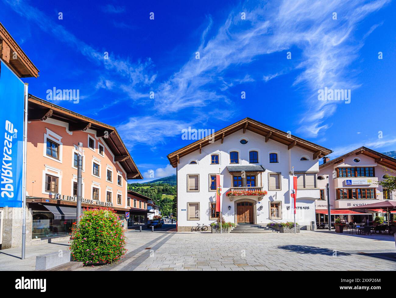 The town hall (Rathaus) in the main square in Mittersill, a village in ...