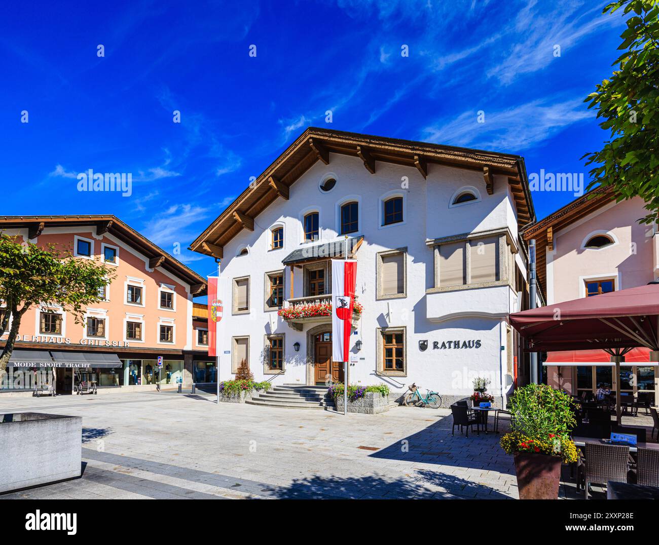 The town hall (Rathaus) in the main square in Mittersill, a village in ...