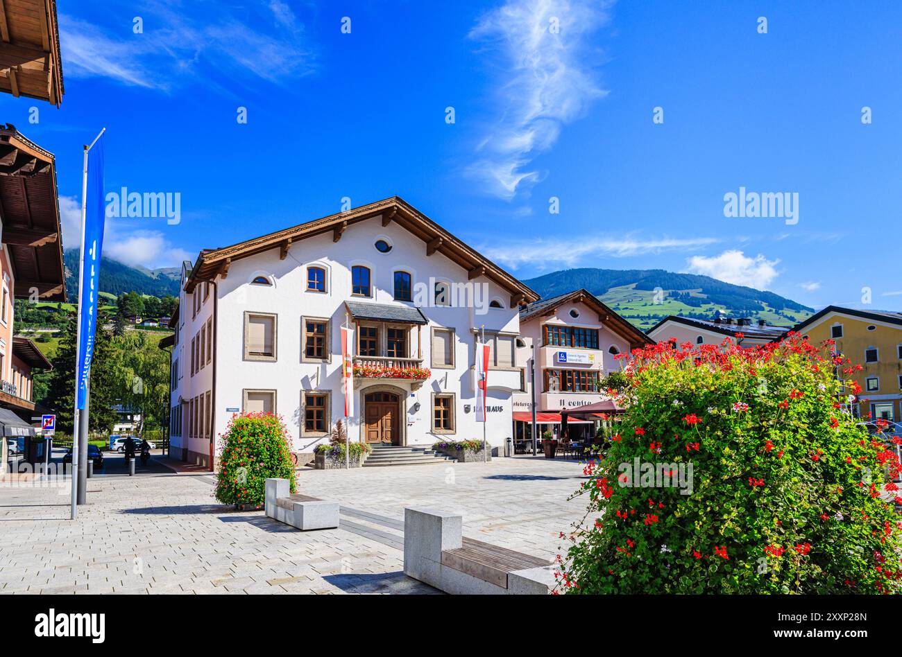The town hall (Rathaus) in the main square in Mittersill, a village in ...