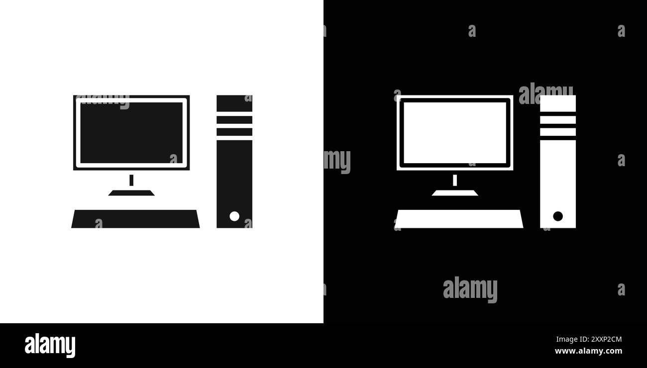 Desktop computer icon Black line art vector in black and white outline ...