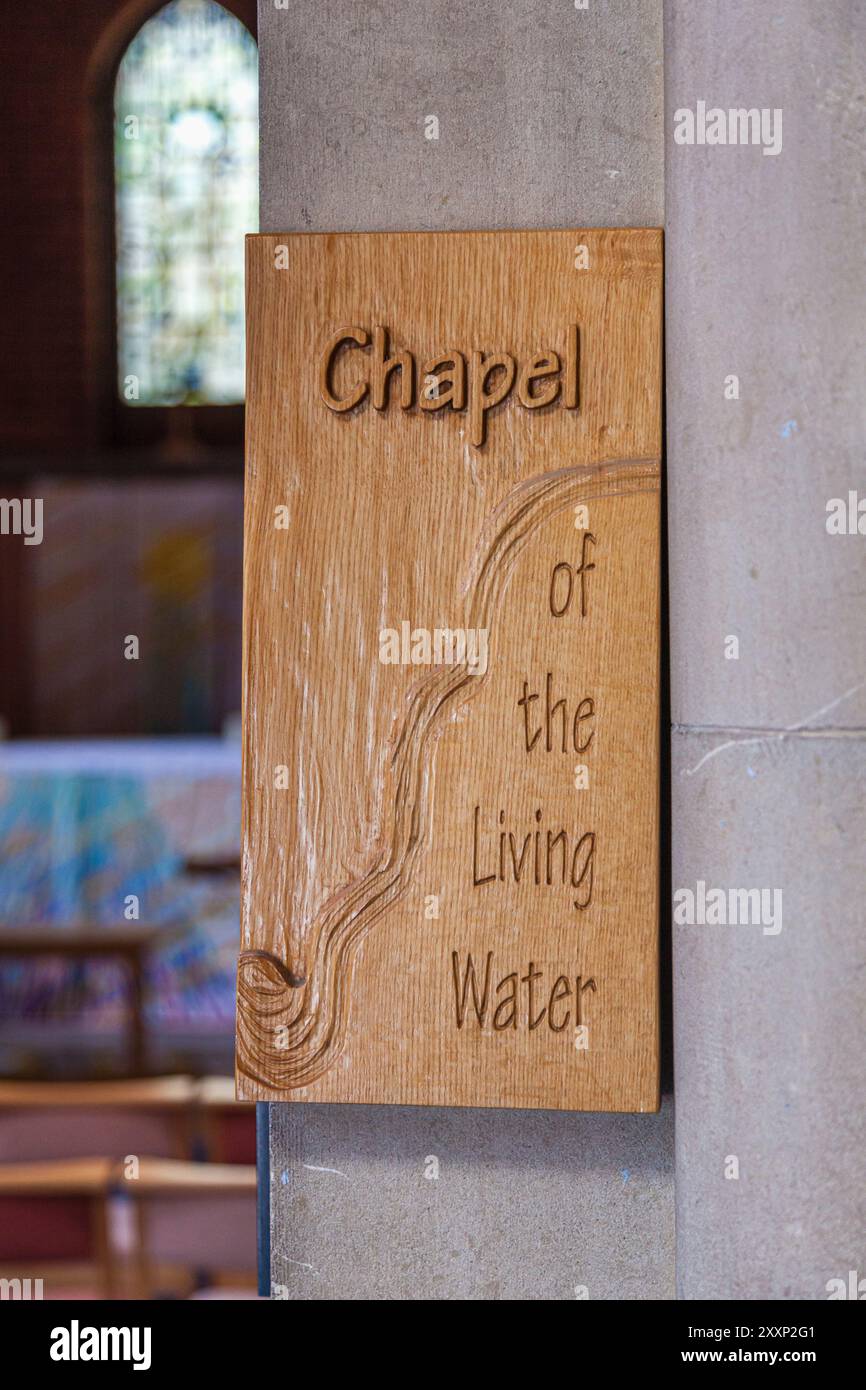 Wooden sign with the name of the 'Chapel of the Living Water' in Christ ...