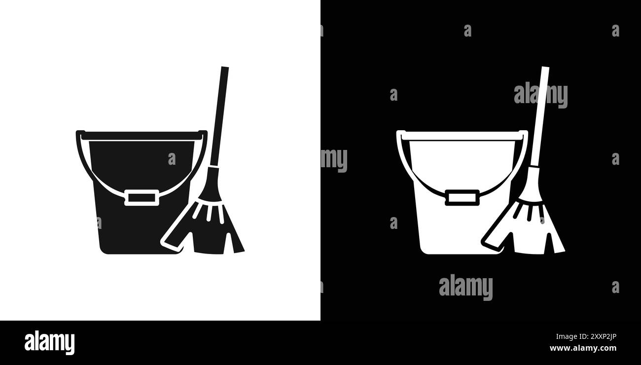 besom with stick and pail icon Black line art vector in black and white ...